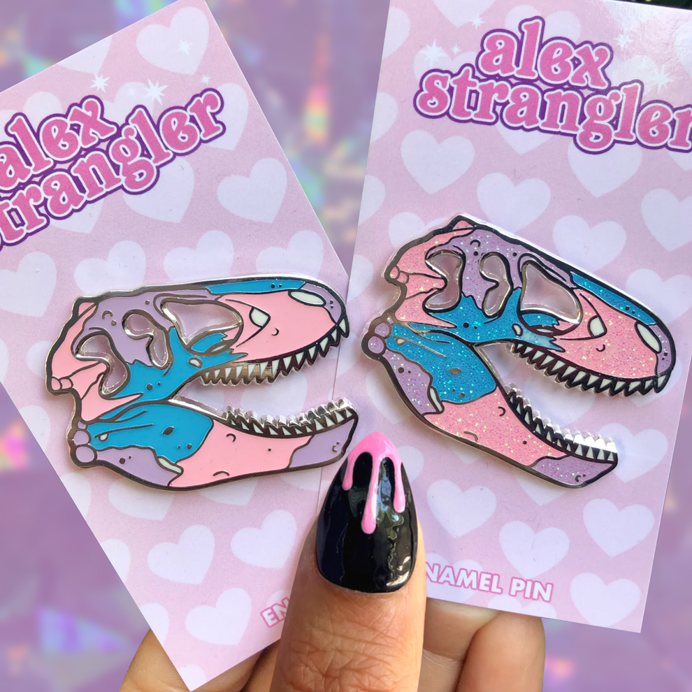 T-Rex Skull V2 - Silver - Enamel Pin – Alex Strangler Shop